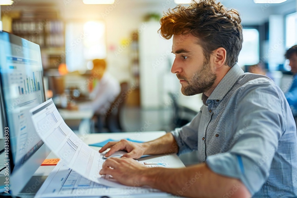 young businessman closely reviewing his weekly time sheet on his ...