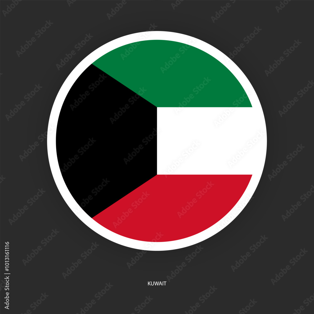Kuwait circle flag icon with shadow on dark background. Kuwait button ...