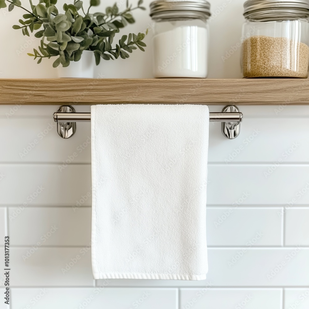Hanging on rail kitchen towel mock up. White linen tea towel, cozy ...