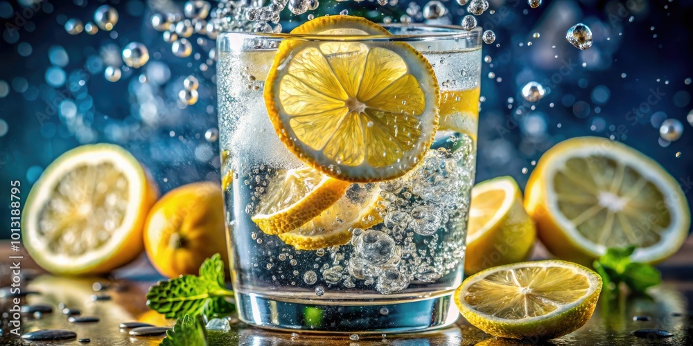 Enjoy a revitalizing beverage experience with sparkling water, ice, and zesty lemon slices ...
