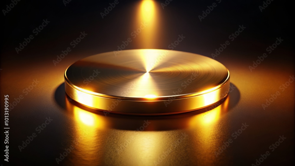 In a studio setting, a shiny golden metal disc reflects light, serving ...