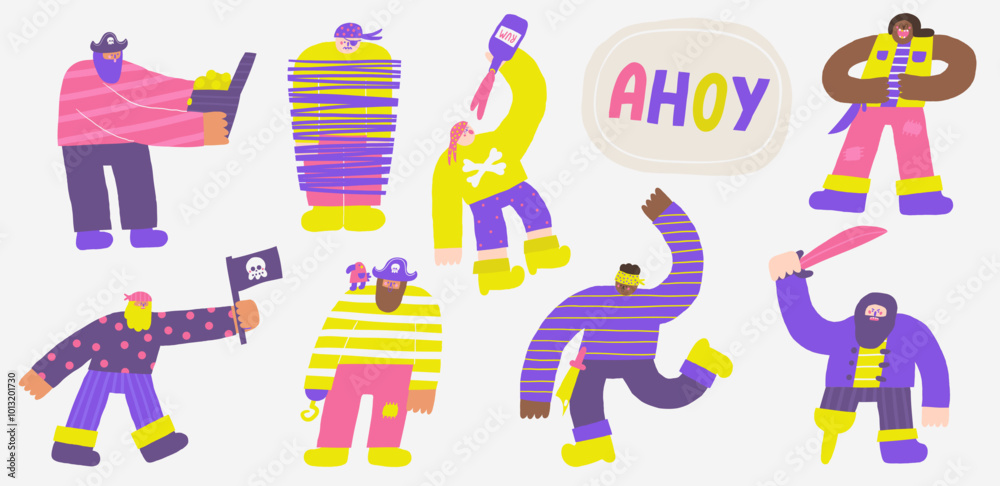 Cute pirate theme composition, postcard with funny hand drawn doodle ...