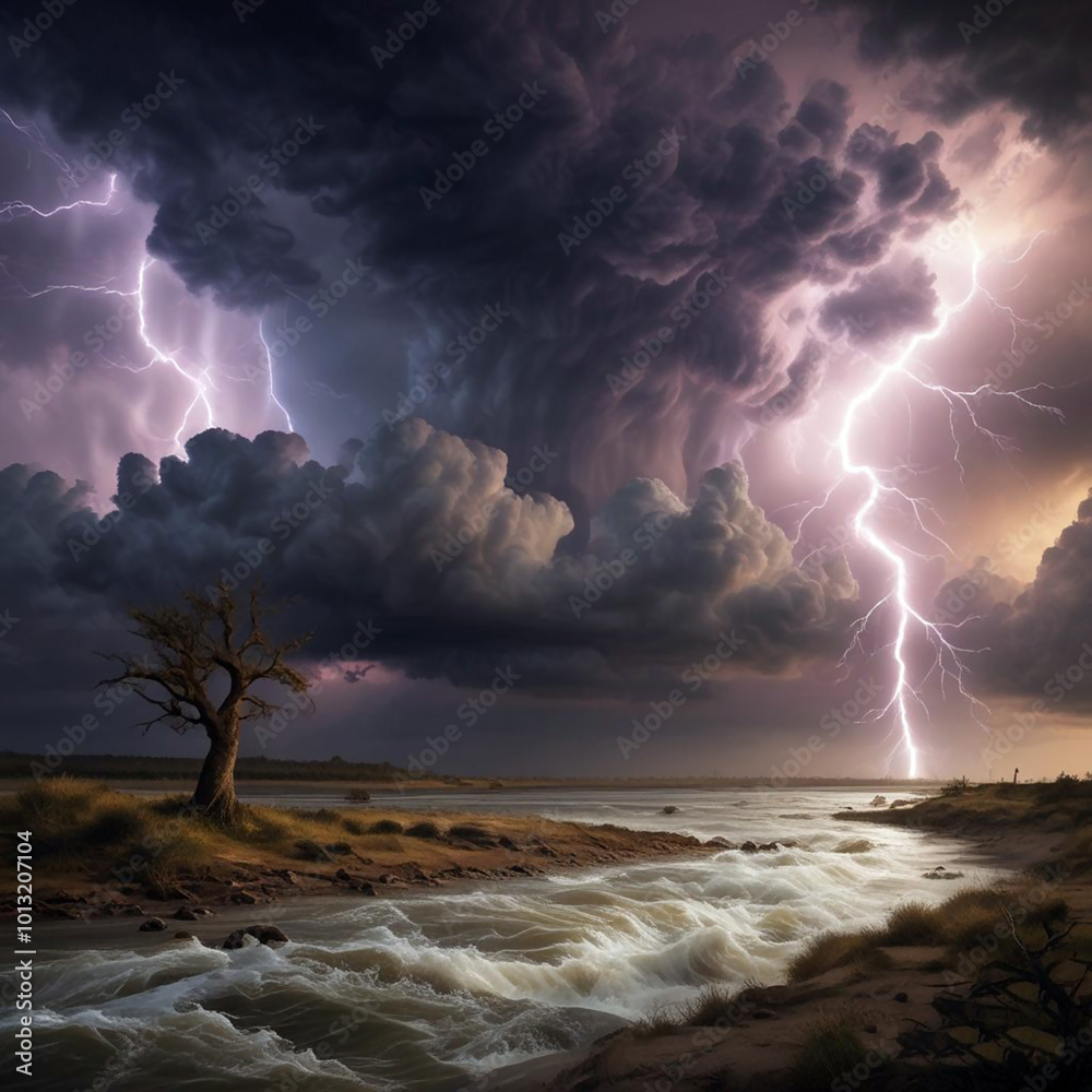 Landscape photography of natural disaster, storm with lightning and ...