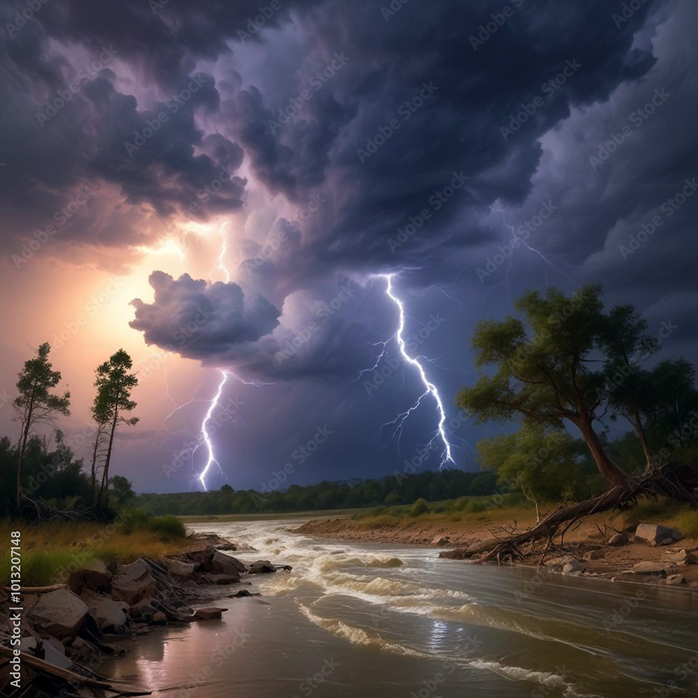 Landscape photography of natural disaster, storm with lightning and ...