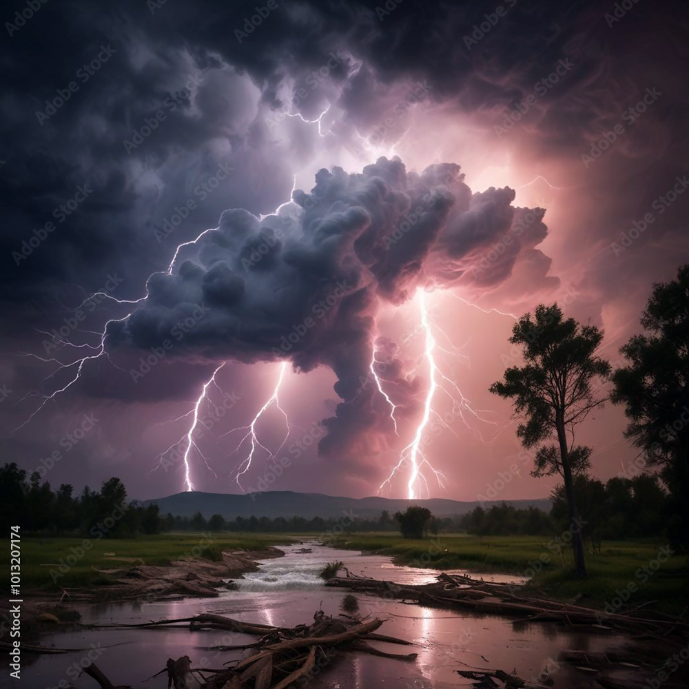 Landscape photography of natural disaster, storm with lightning and ...