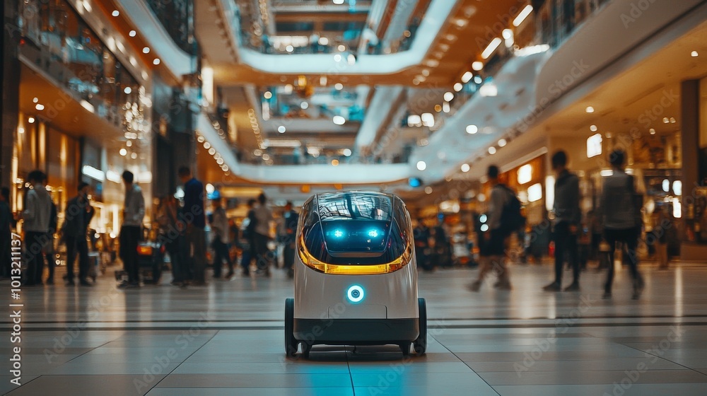 An autonomous delivery robot moves through a busy mall, its sleek ...