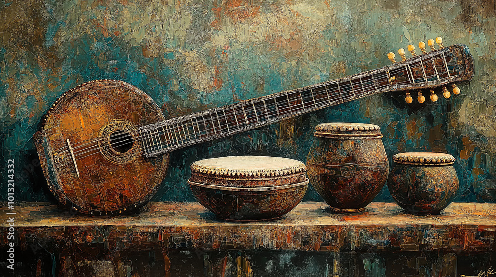 An artistic portrayal of Indian classical music instruments like sitar ...