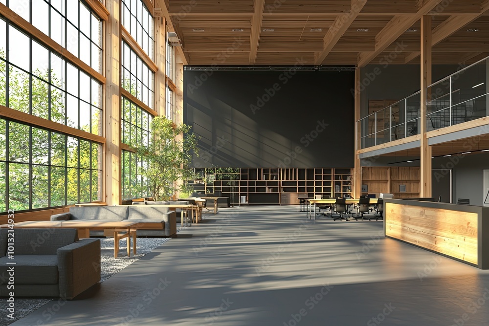 modern office interior design with an open space and a wooden desk, a ...