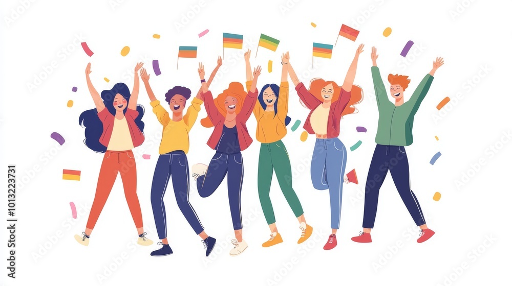 A colorful illustration of six animated people with raised hands ...