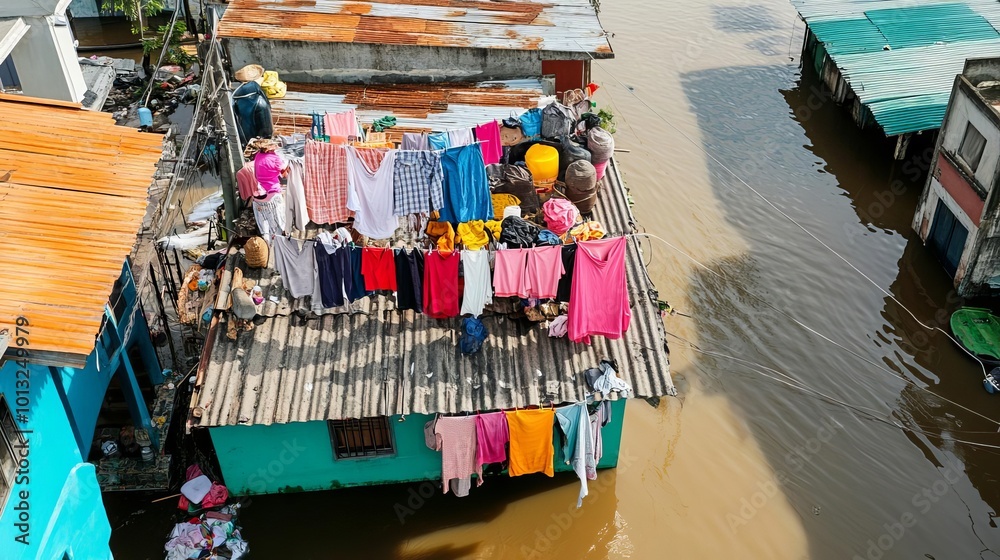 People drying clothes and belongings on rooftops after the flood, Flood ...