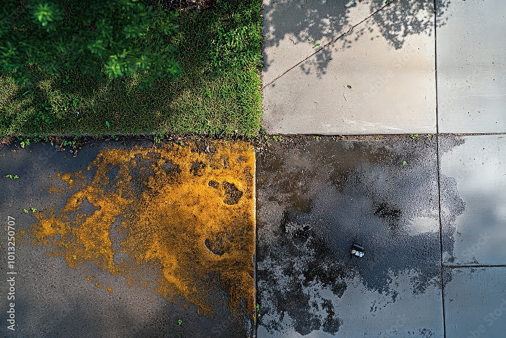 Bird's-eye view of a driveway being pressure washed, showing half ...