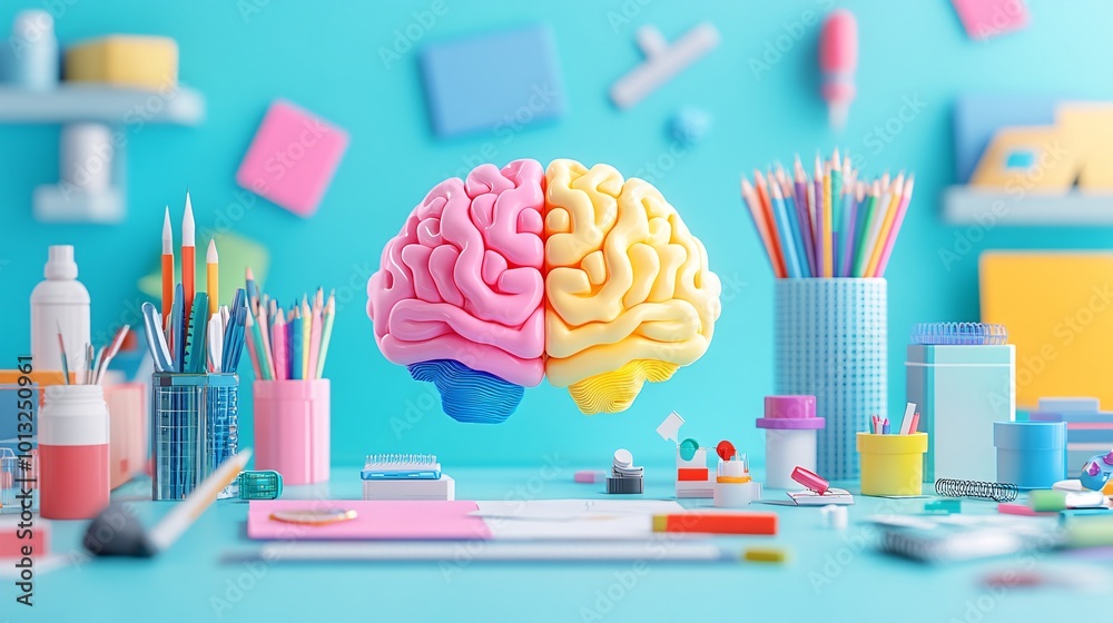 A vibrant brain model sits on a desk surrounded by school supplies ...