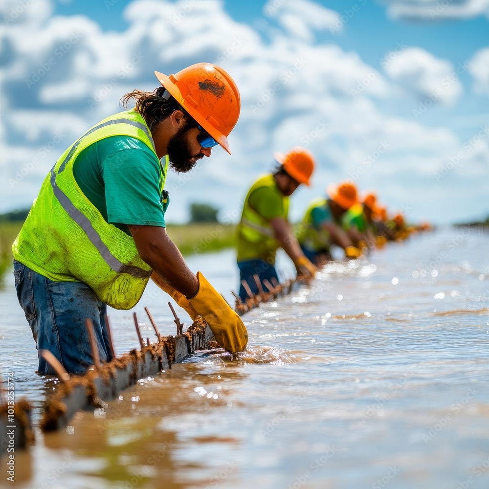 Workers reinforcing damaged levees post-flood, Flood Defense, Future ...