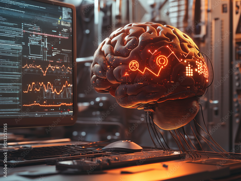 human brain connected to computer with LLM AI integration via wires and ...