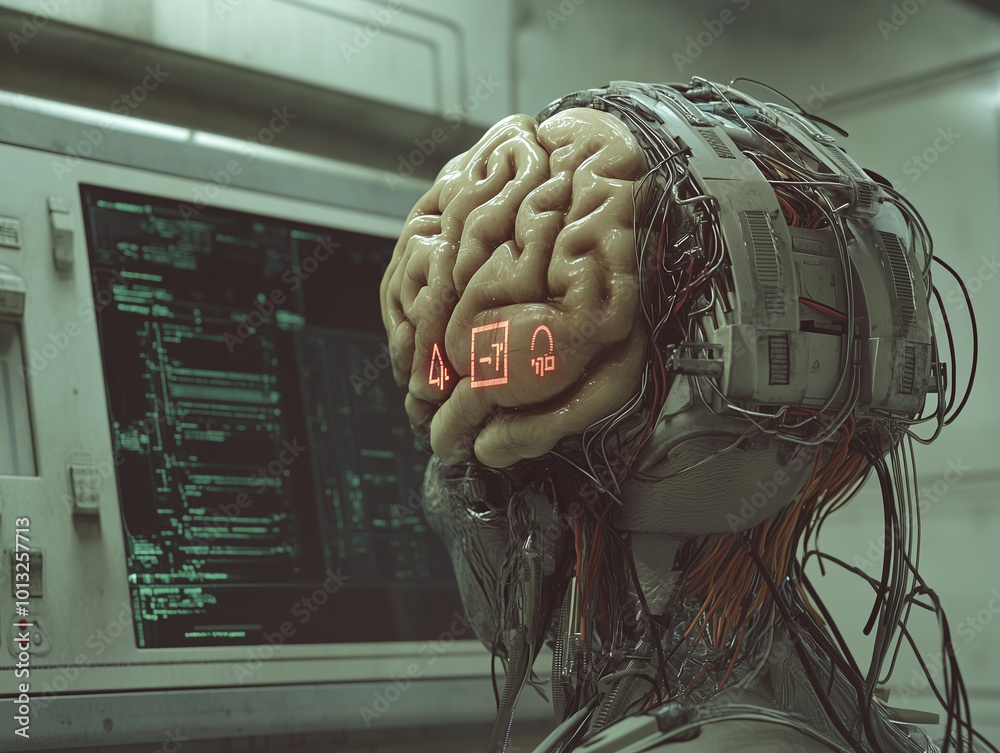 human brain connected to computer with LLM AI integration via wires and ...