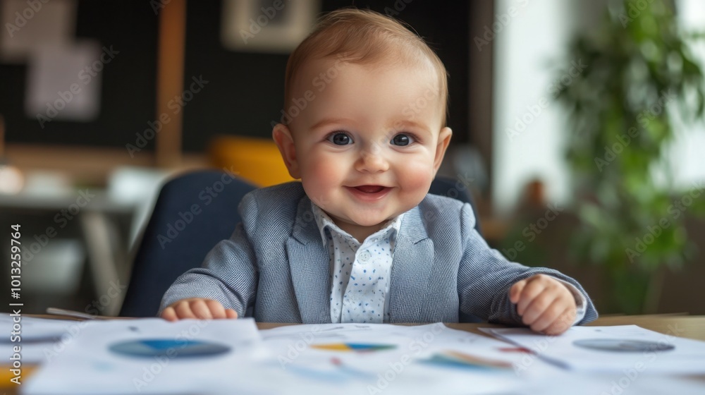 baby in formal business attire, sitting at a conference table with ...