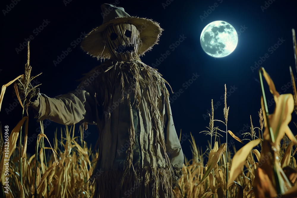 Halloween theme of a scarecrow in a cornfield under the full moon. A ...