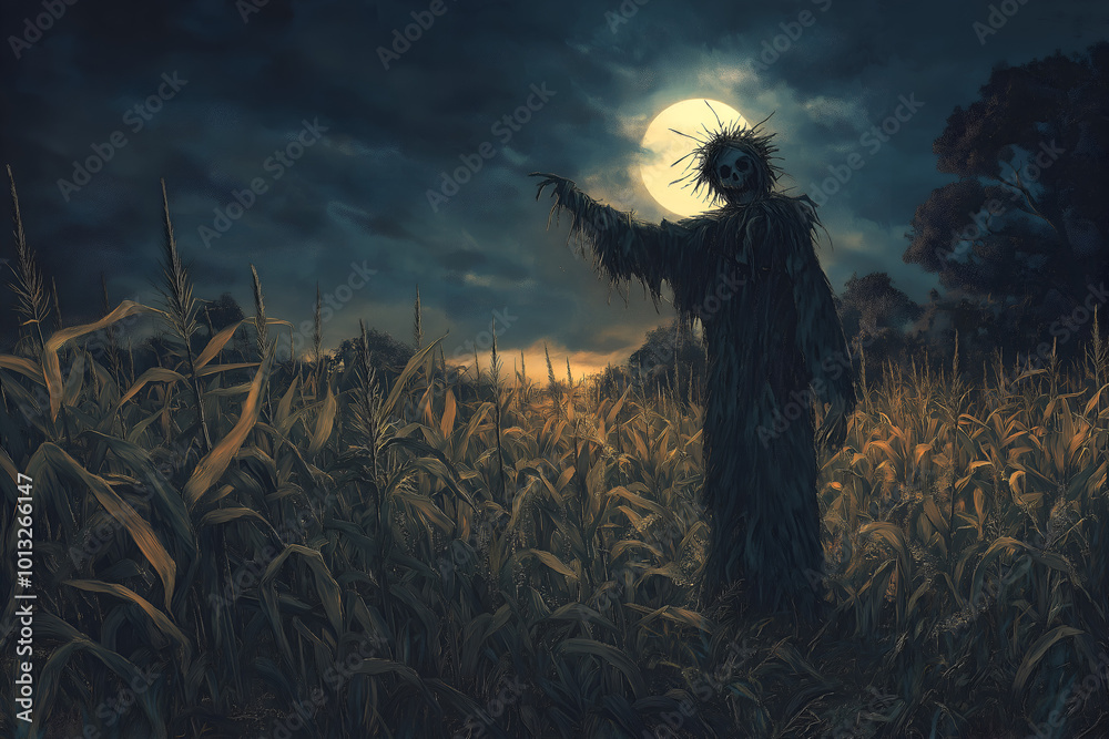 Halloween theme of a scarecrow in a cornfield under the full moon. A ...
