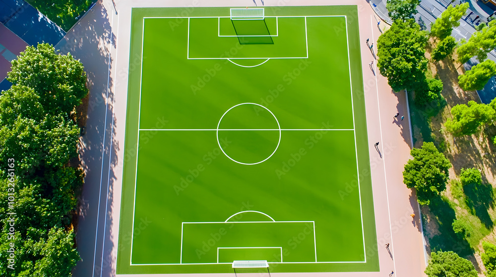 Aerial view of well maintained soccer field featuring vibrant green ...