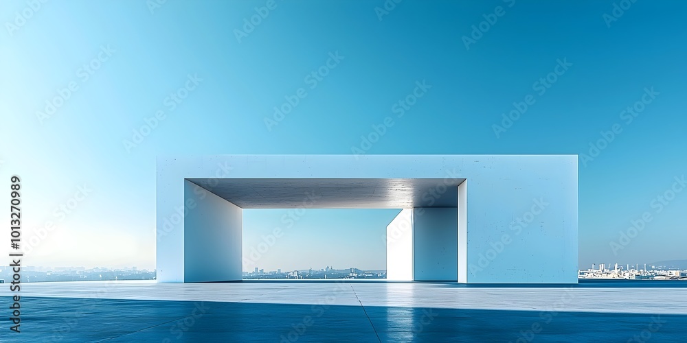 A modern, white architectural structure with a large opening framing a ...