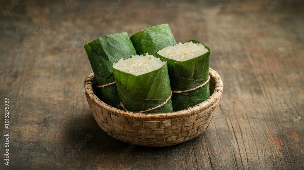 Thai sweet sticky rice in banana leaves, rustic presentation ...
