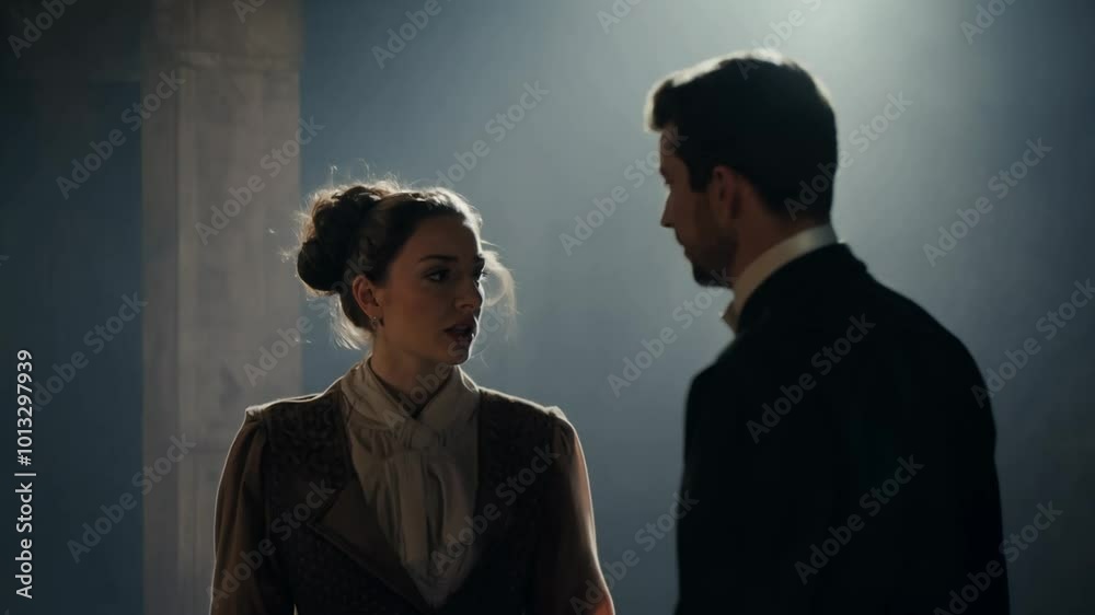 Cinematic camera pan of two actors in period costumes rehearsing an ...