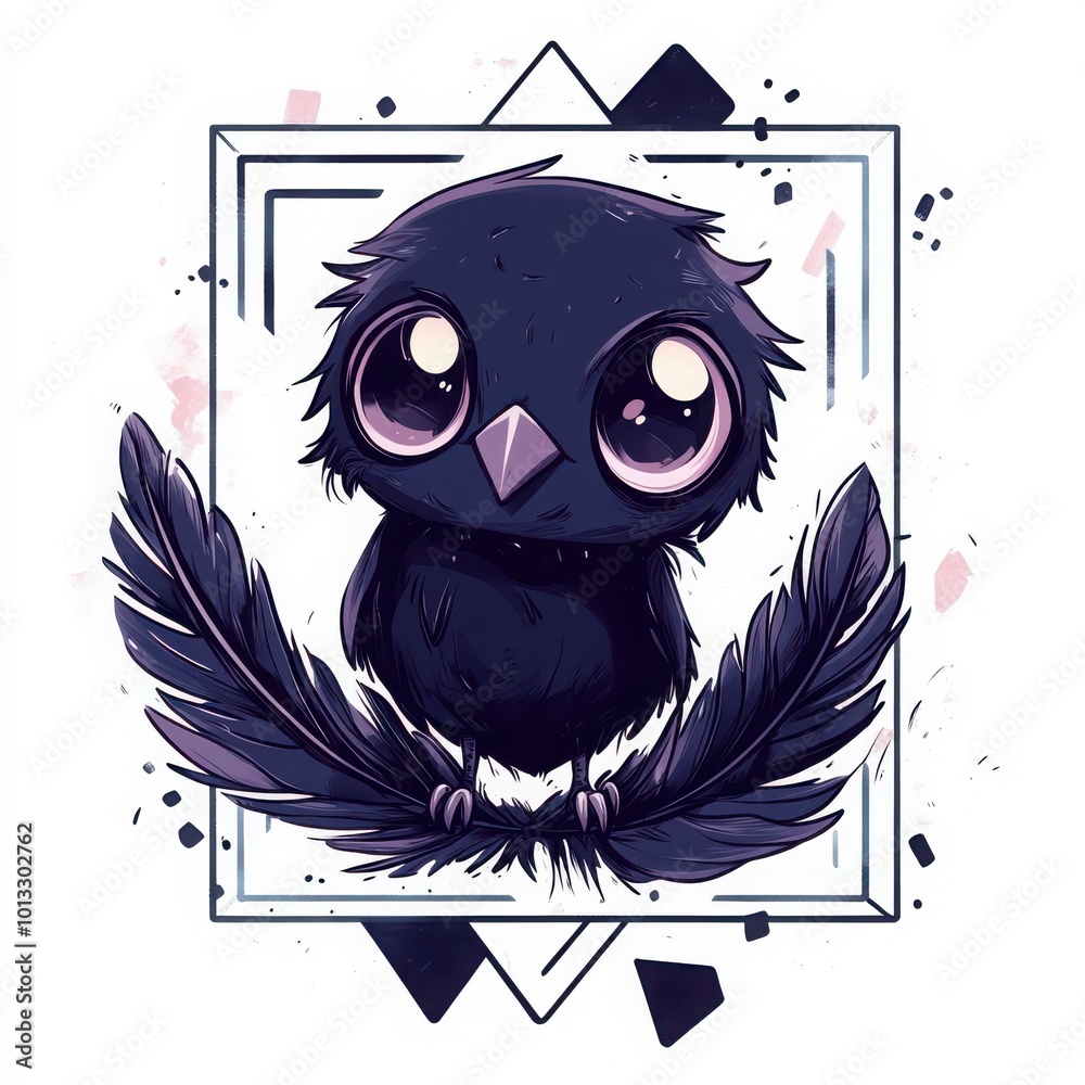 Illustrate a playful chibi crow with a big head, abnormally long wings ...