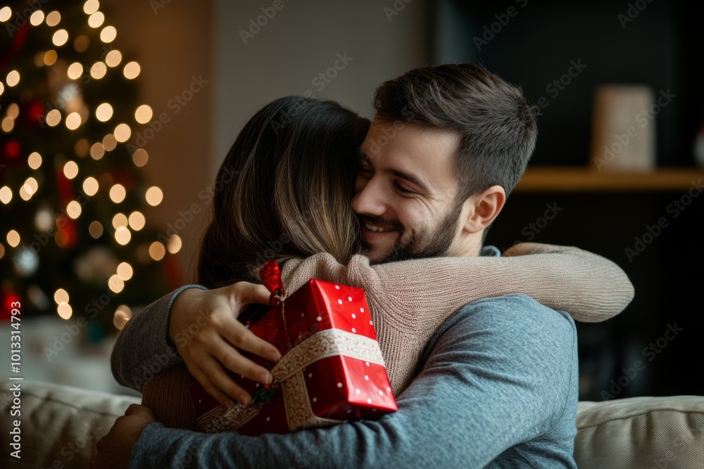 Loving couple is sharing a heartfelt hug, enveloped in the Christmas ...