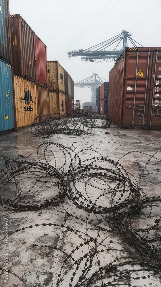 Shipping containers blocked by barbed wire and warning signs, symbolizing a global trade ...