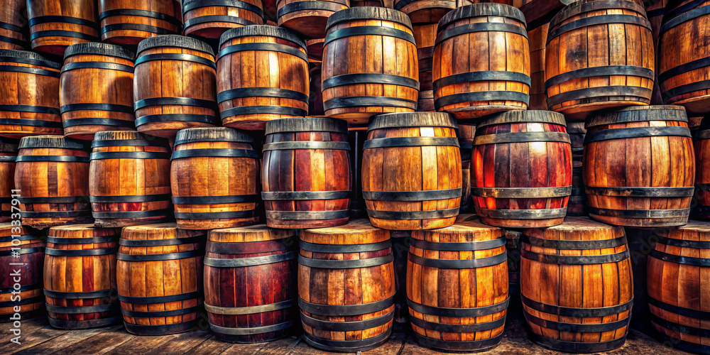 Wooden barrels stacked in rows create rustic and warm atmosphere ...