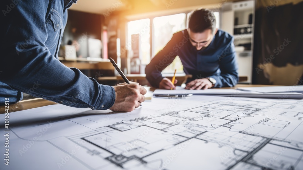 Two architects collaborating on blueprints and designs in a modern ...
