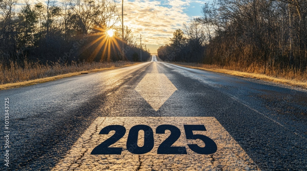 Open road marked "2025" with an arrow pointing towards the distance ...