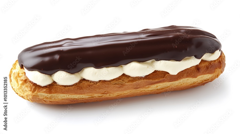Realistic display of a chocolate éclair with a glossy chocolate glaze ...