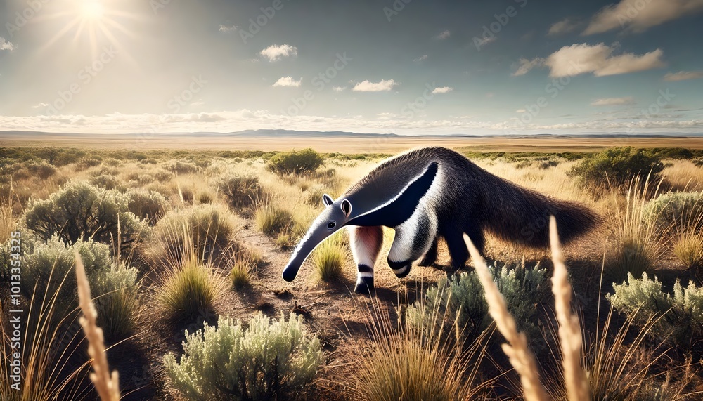 A Giant Anteater wandering across the open grasslands of the Gran Chaco ...