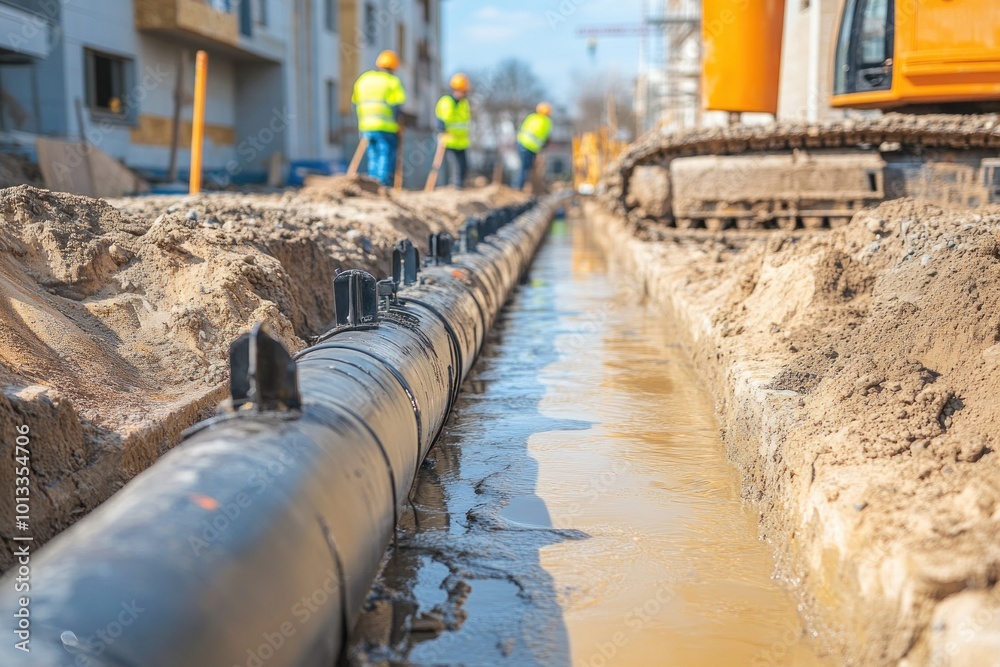 Drainage construction project with engineers installing flood control ...