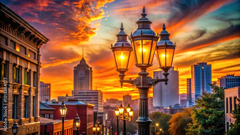 Warm golden light of a streetlamp shines brightly against a vibrant ...