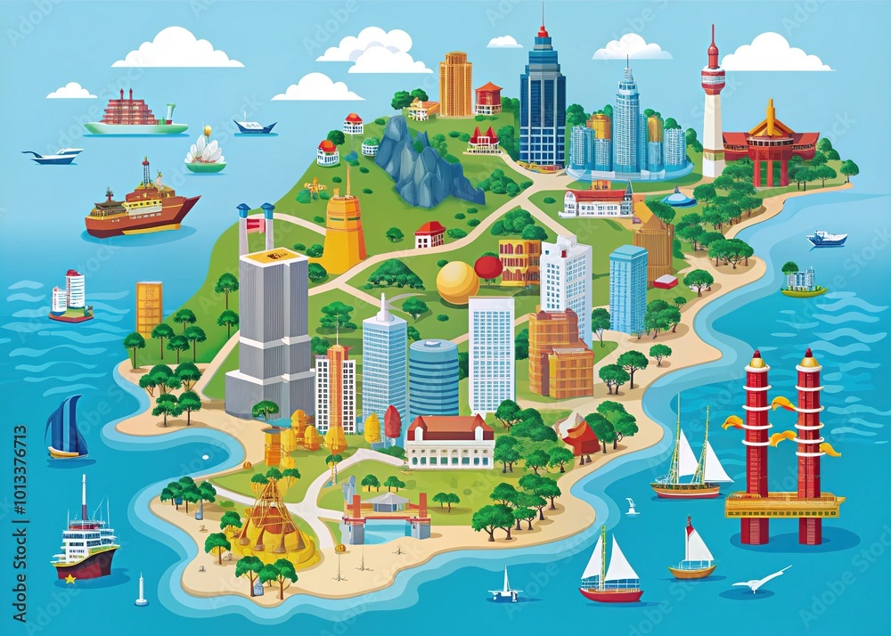 Vibrant illustration of Hong Kong's detailed map with notable landmarks ...