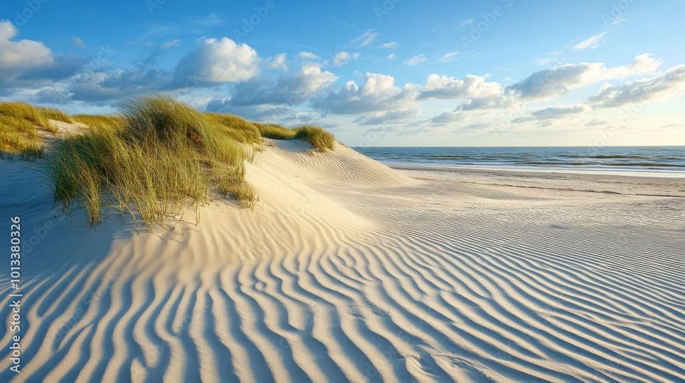 Coastal sand dunes reshaped by wind erosion, with gentle slopes and ...