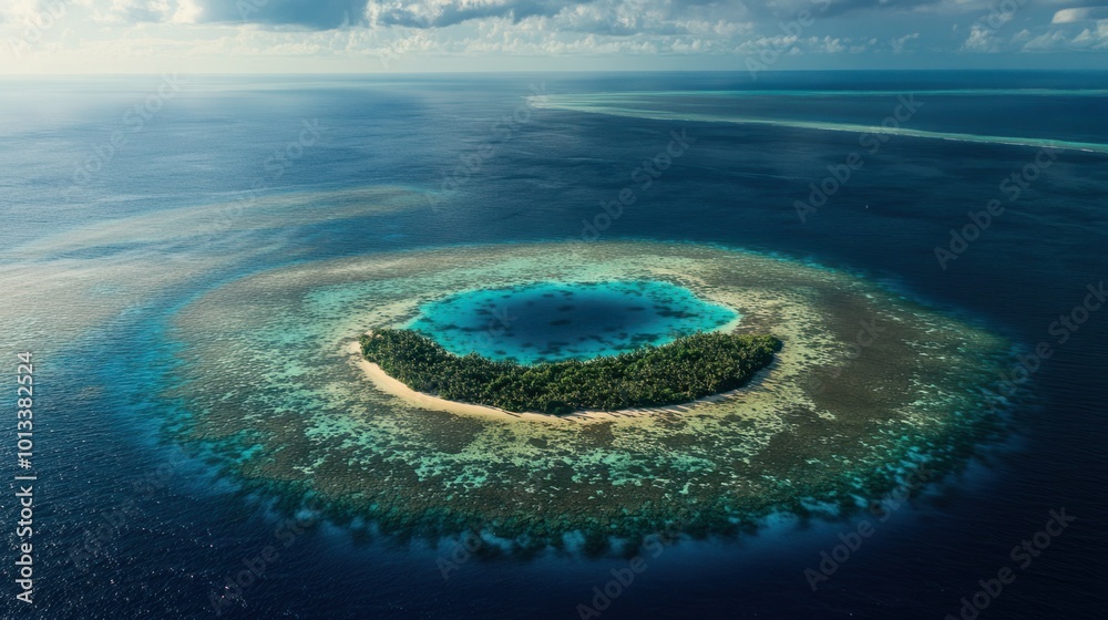 Coral island gradually forming, with a lagoon at its center and a ring ...