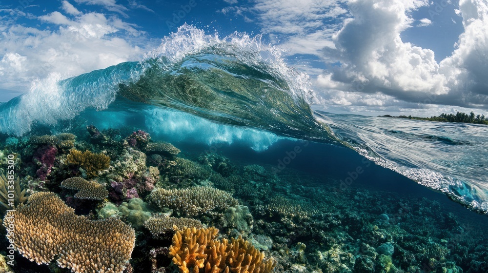 Crystal-clear ocean waves breaking over a coral reef, revealing vibrant ...