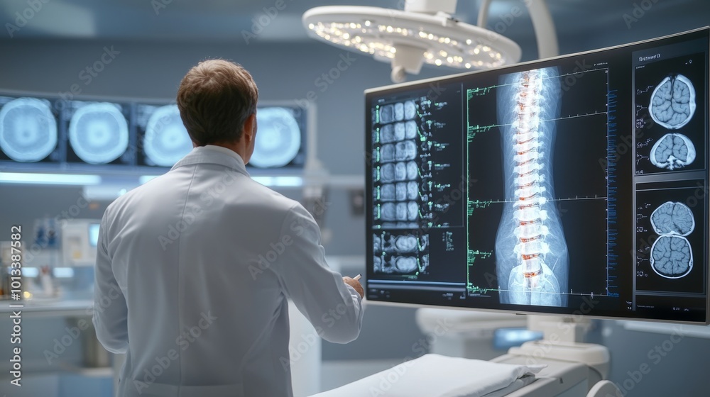 doctor studying a detailed ct scan of the lower spine in a modern ...