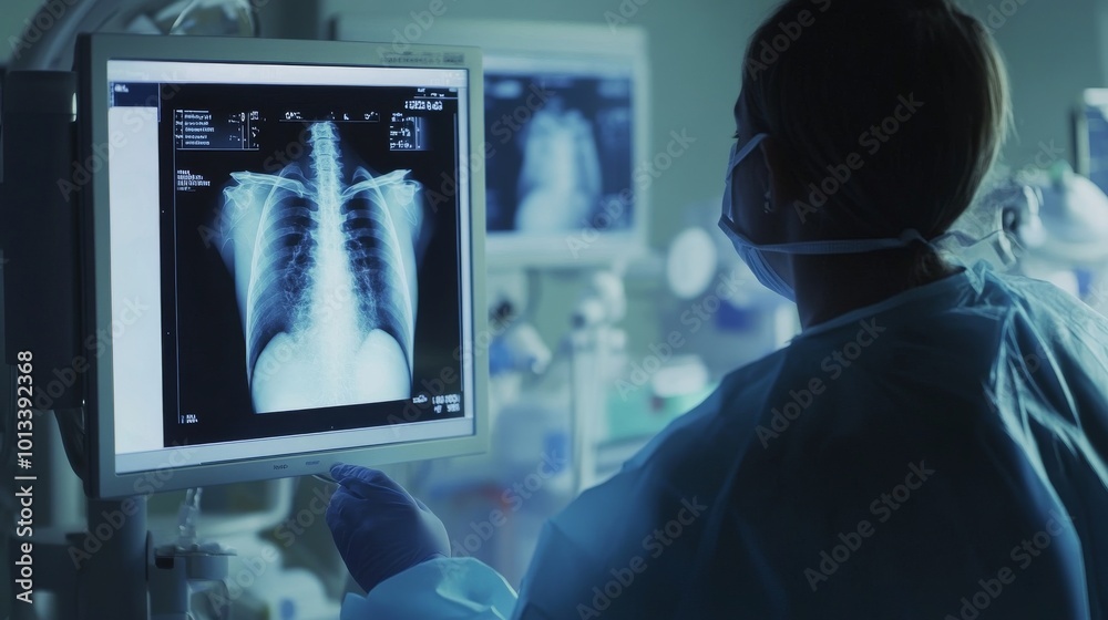 pediatric surgeon studying a childâ€™s shoulder joint x-ray, planning a ...