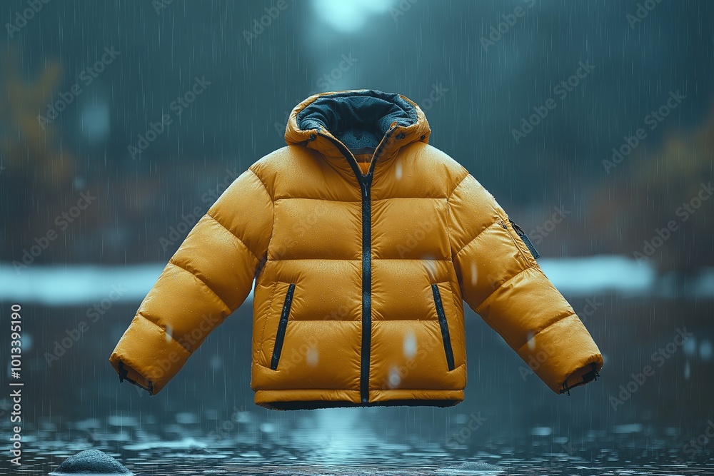 Yellow jacket is hanging in the rain. The jacket is puffy and has a ...