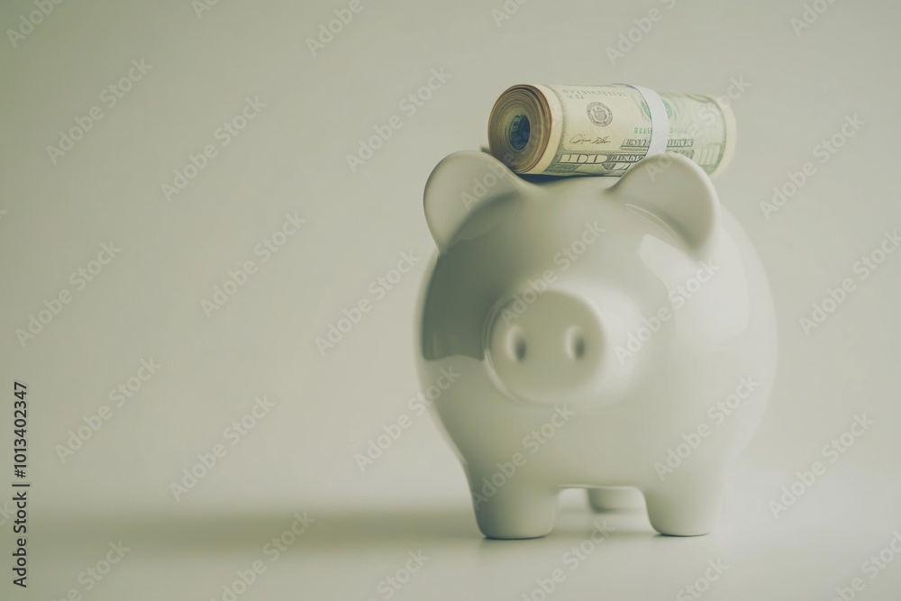 A simple white piggy bank holds rolled money on its back. Savings and ...