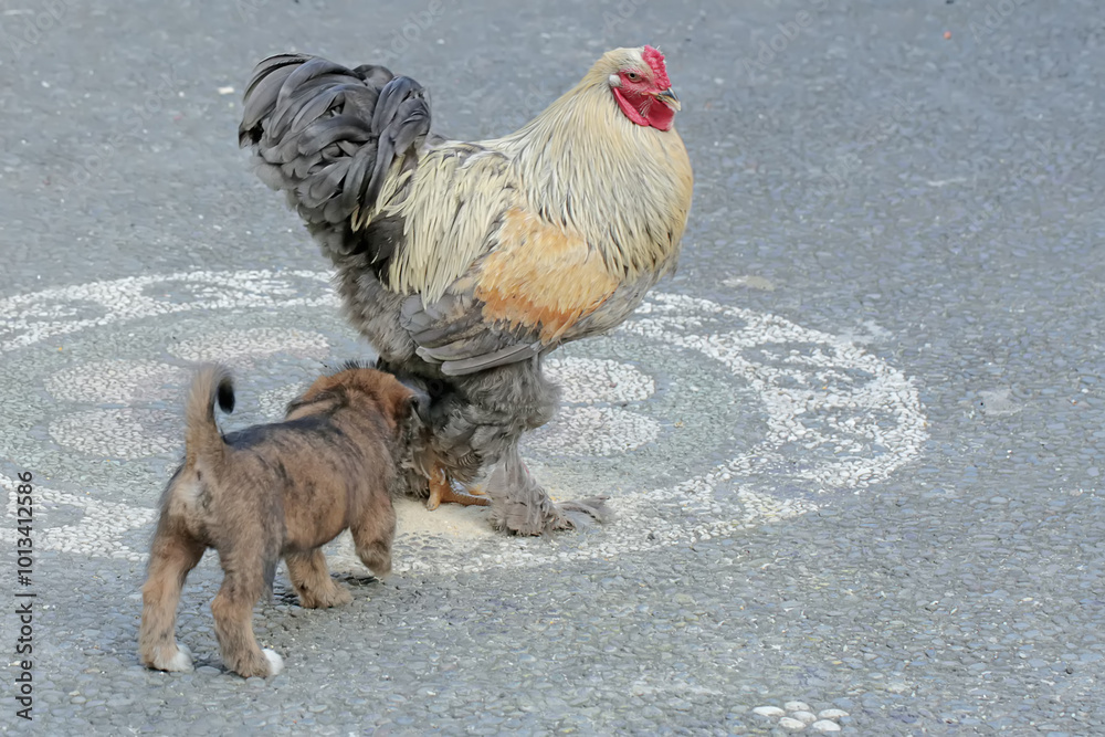 A cute puppy is approaching a male Brahma chicken that is feeding ...