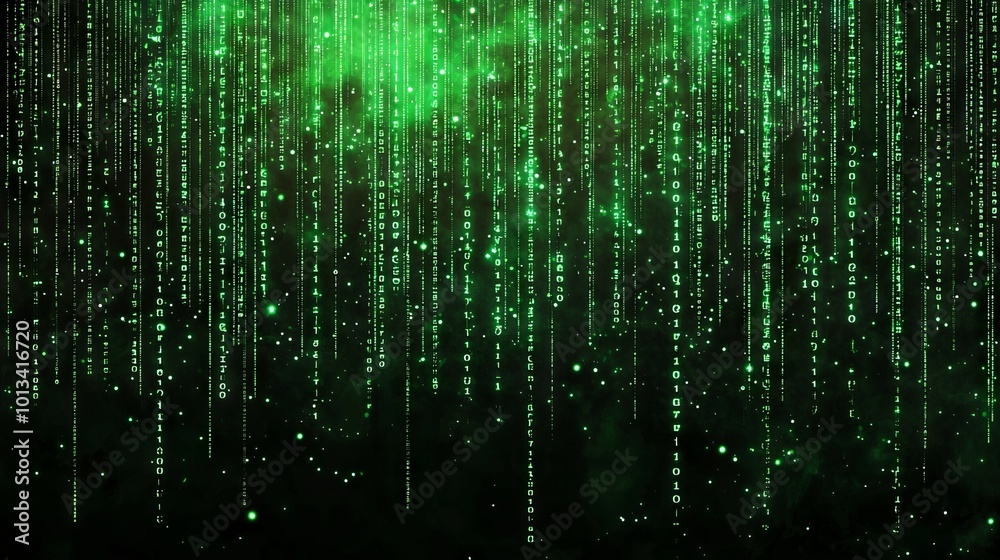 On a black background, bright neon green digital codes flow downward in ...