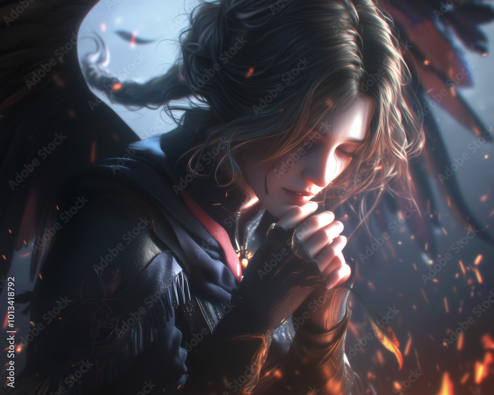 female fallen angel in contemplative prayer among falling embers ...