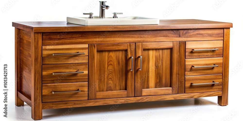 Elegant teak wood bathroom vanity features a rich, warm, and naturally ...