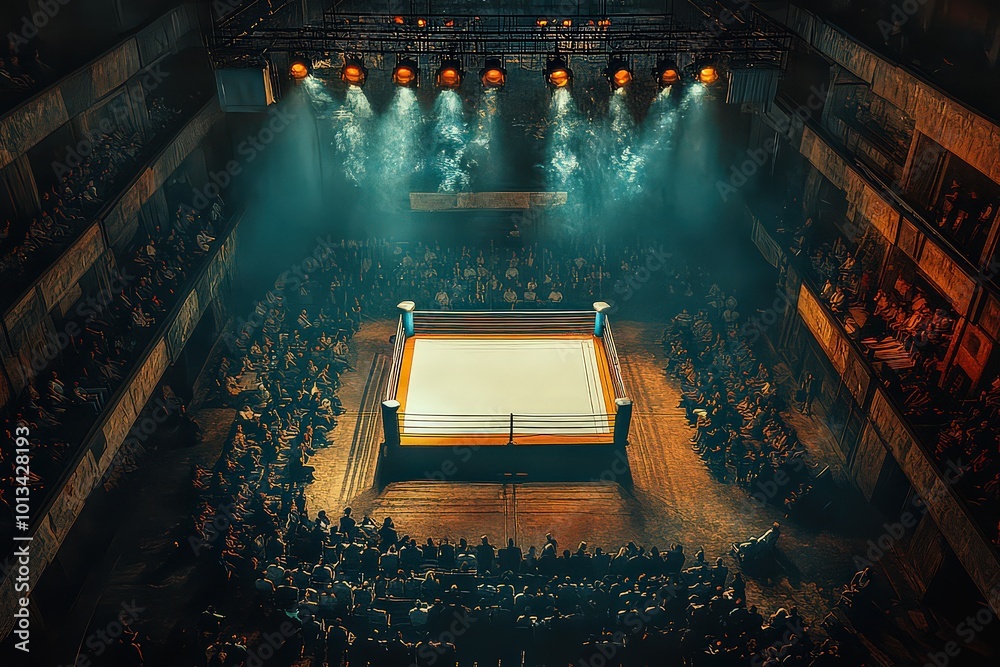 dramatic arena scene with a brightly lit wrestling or boxing ring at ...