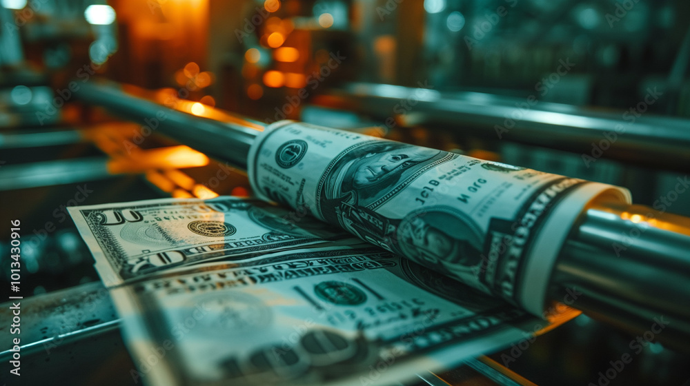 Money printing press machine in the factory closeup, dollar currency ...